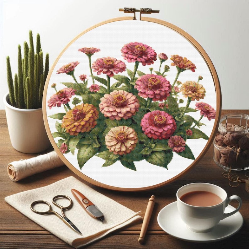 Zinnia Floral Cross Stitch Pattern, Colorful Flower Embroidery (PDF ...