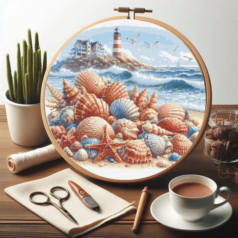 Seashell Lighthouse Cross Stitch Pattern, Beach Coastal Design (PDF ...