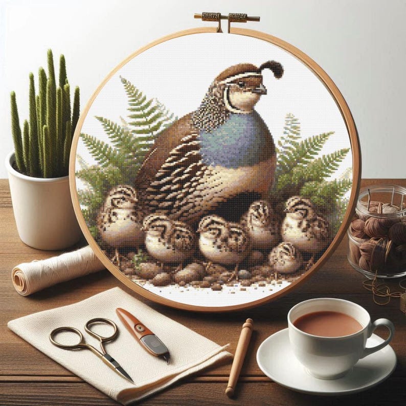 Quail and Chicks Cross Stitch Pattern, Farmhouse Bird Embroidery (PDF ...