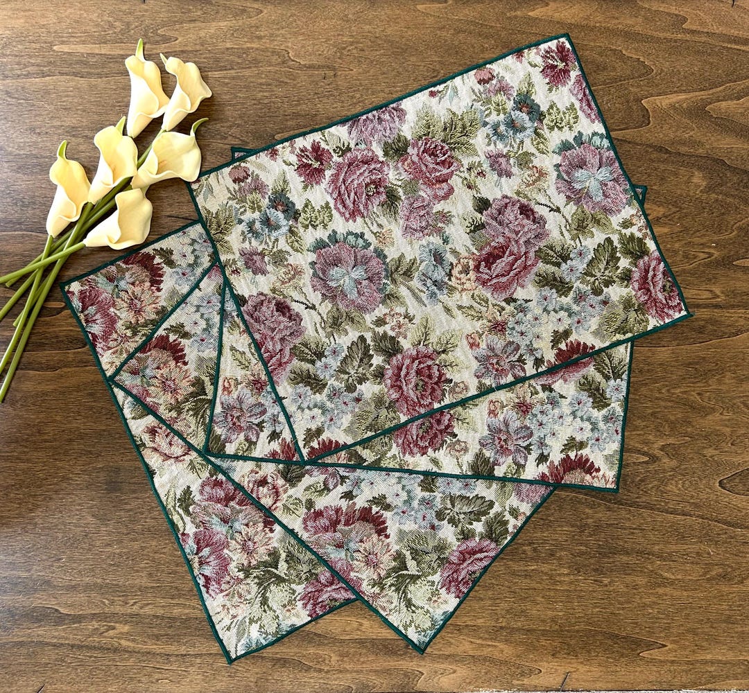 Vintage Set of 4 Victorian Style Floral Tapestry Placemats Knit Table ...