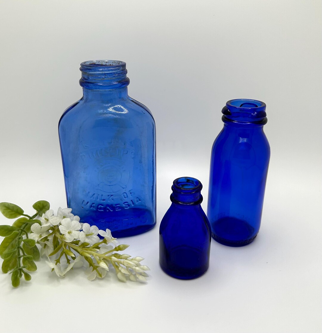 Antique Set of 3 Cobalt Blue Glass Pharmaceutical Bottles - Collectable ...