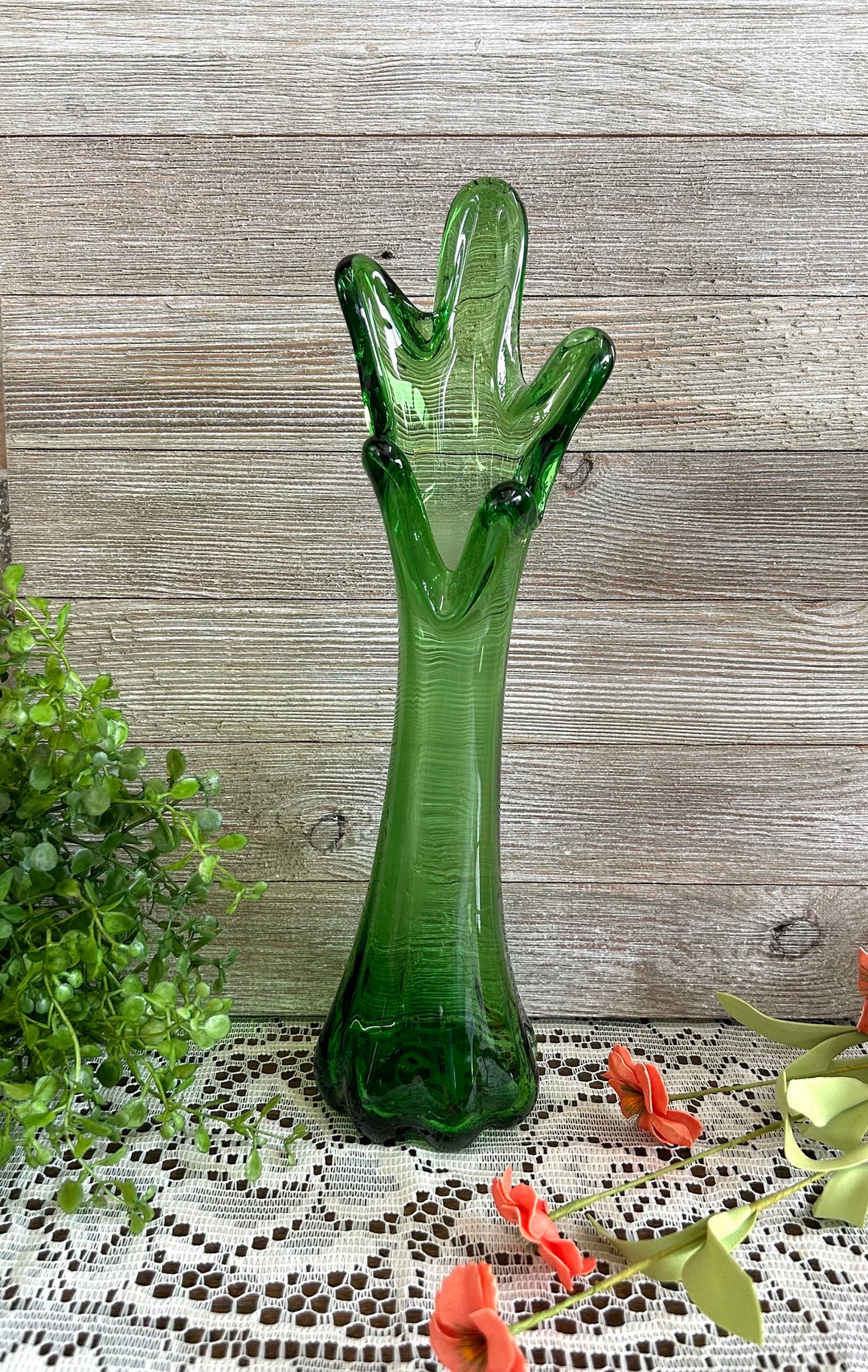Green Vintage Glass 5 Finger Swing Vase 1970s Style Pulled Top Flower ...