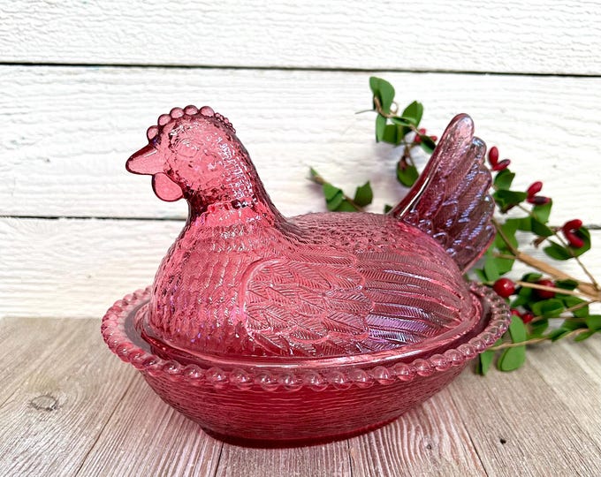Vintage Indiana Glass Co. Cranberry Stained Hen on a Nest - Deep Pink ...