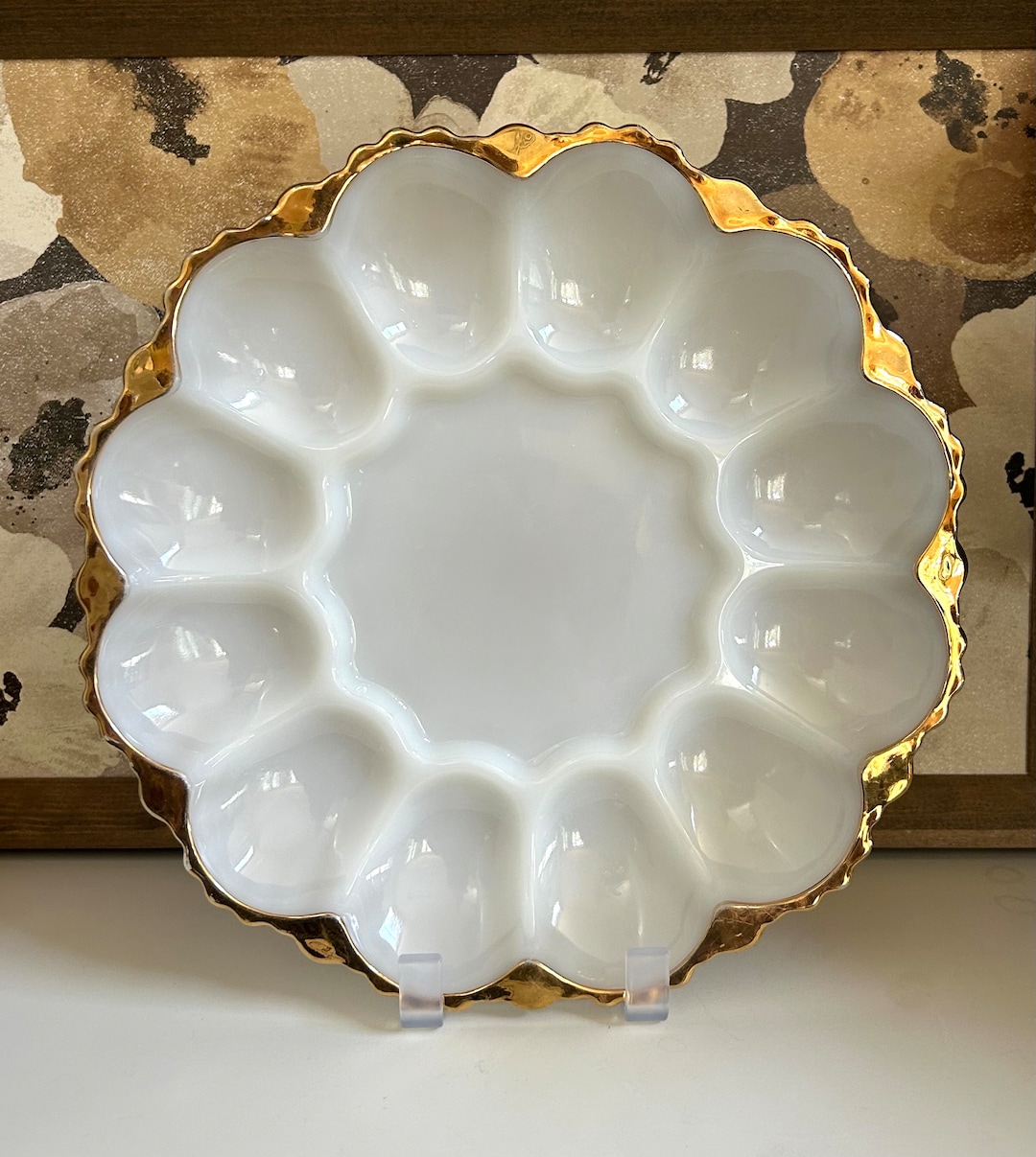 Vintage Anchor Hocking Milk Glass Deviled Egg Serving Plate Fire King Anniversary Edition ...