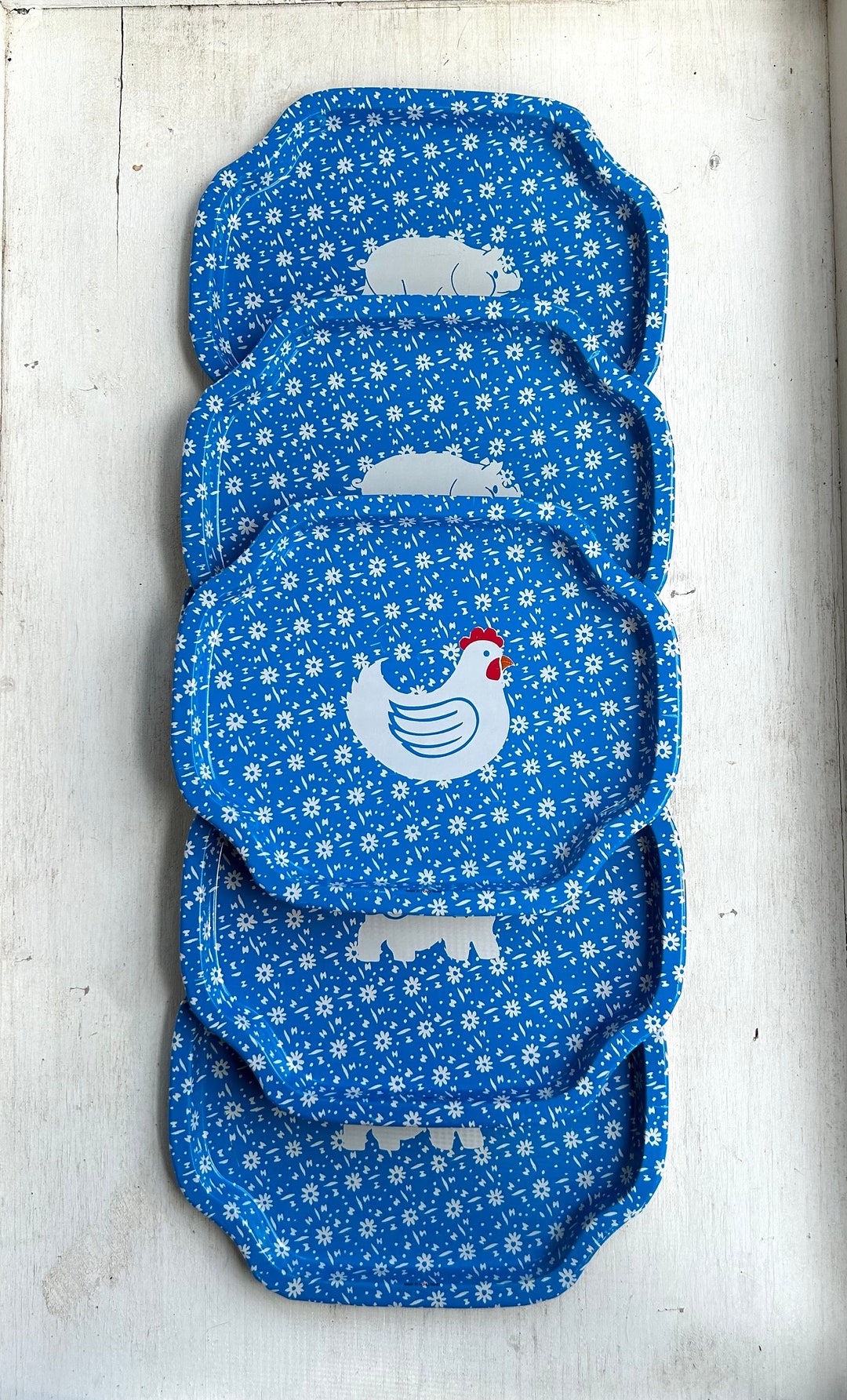 Vintage Set of 6 Small Tin Farm Animals Snack Trays Pig Hen Cow Blue ...