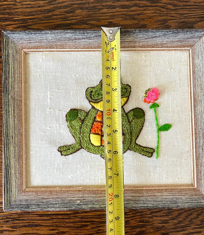 1974 Framed 10” X 8.5” Vintage Green Frog and Flower Crewel - Groovy ...