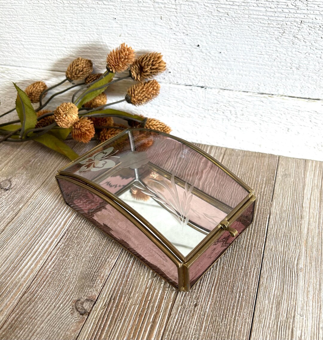 Purple Beveled Glass Trinket Box With Hinged Lid and Mirror - Etched ...