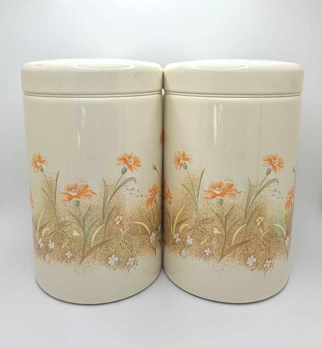 Vintage Tin 1970s Kitchen Food Storage Containers Orange Wildflowers ...