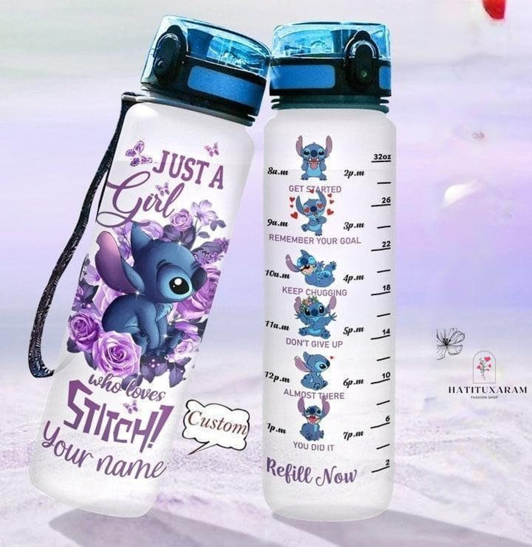Stitch Water Bottle, Personalized Stitch Bottle, Motivational Water Tracker Bottle, Stitch ...