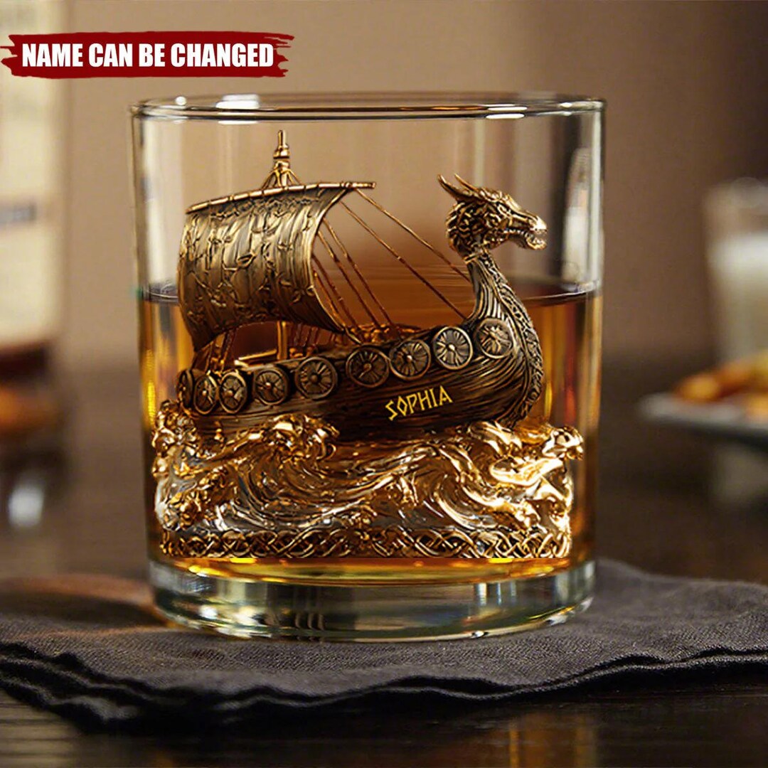 Viking Ship Whiskey Glass Golden, Personalized Whiskey Glass, Viking ...