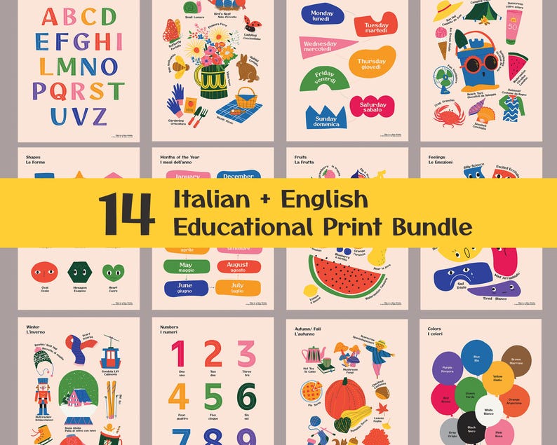 14pc Digital Prints Bilingual Italian + English Baby Toddler Poster ...