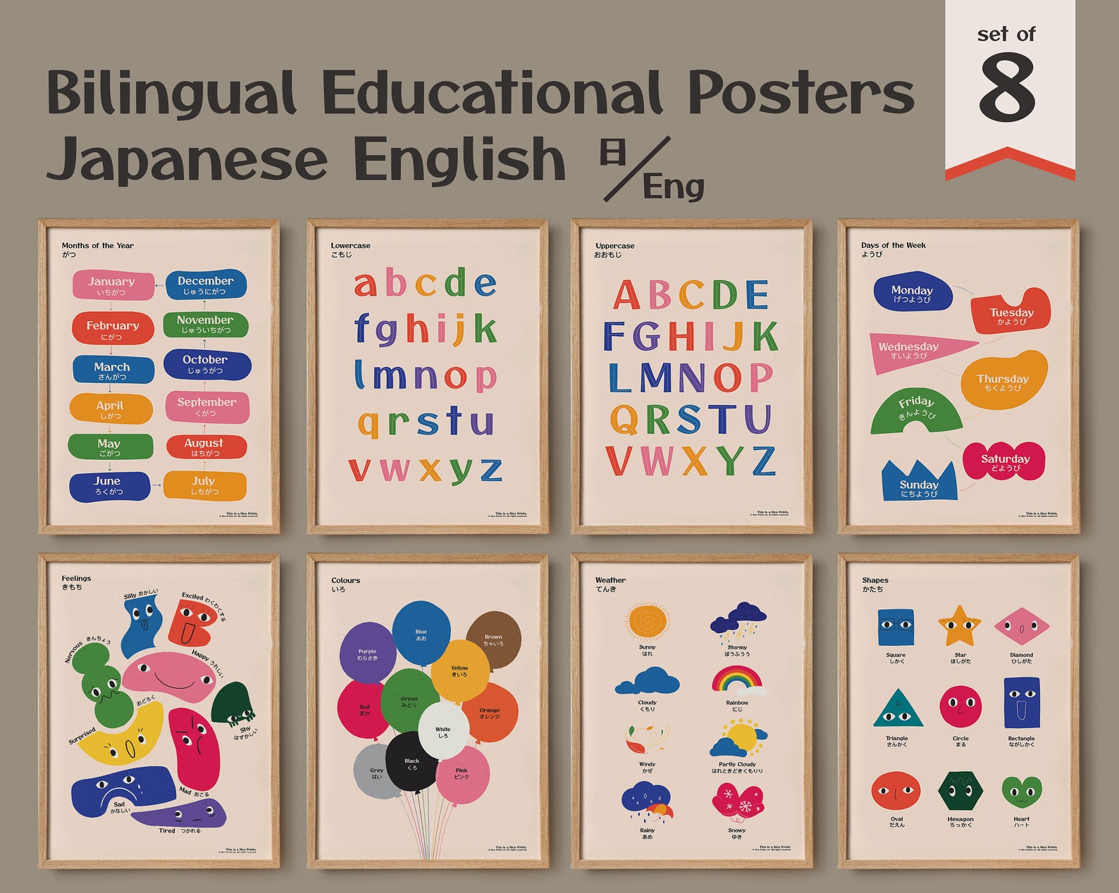 8 Pc Bilingual Japanese English Language Class, Nursery Poster, Emotion ...