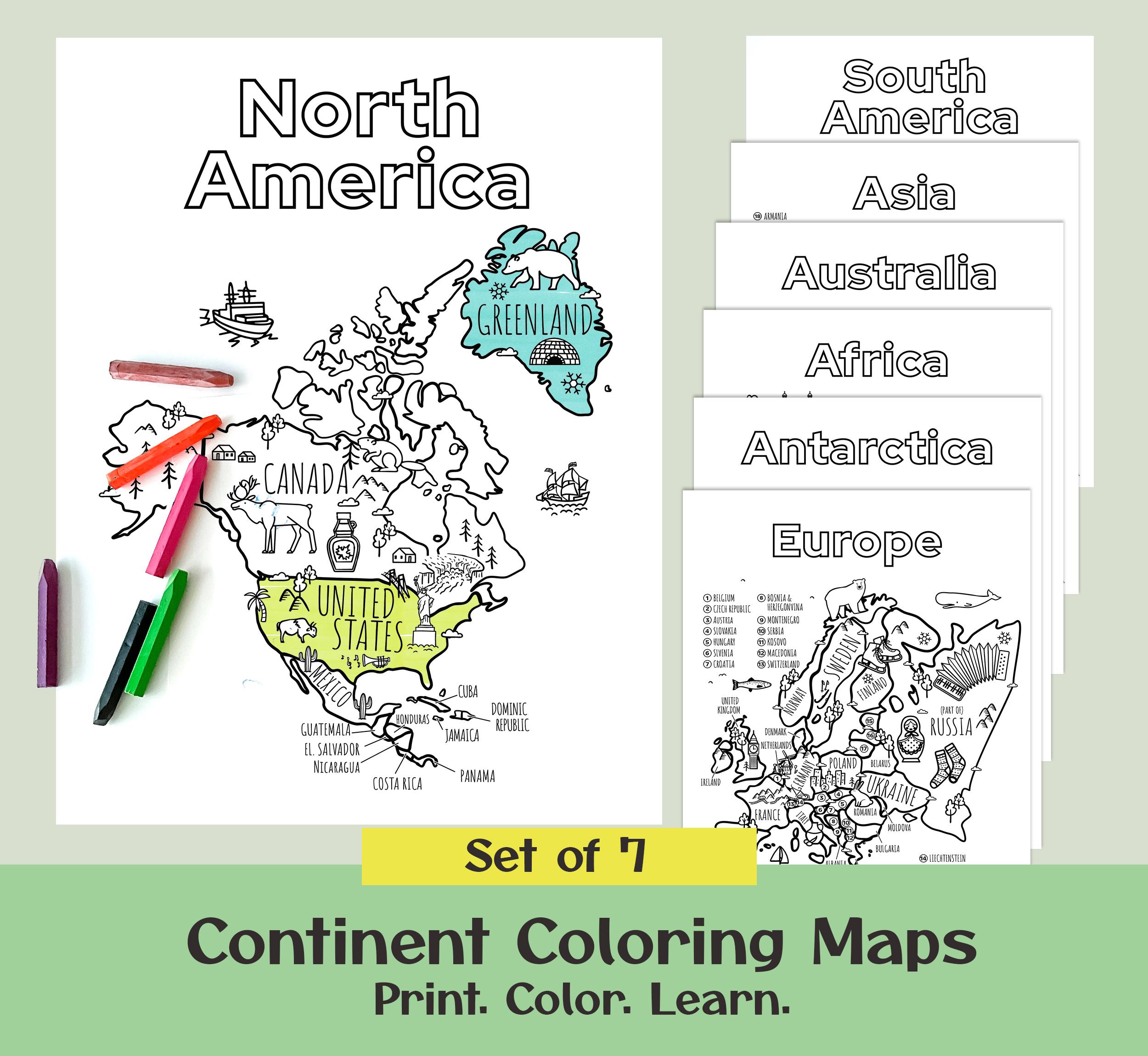7 Continents Map | Illustrated World Geography Coloring Pages (digital ...