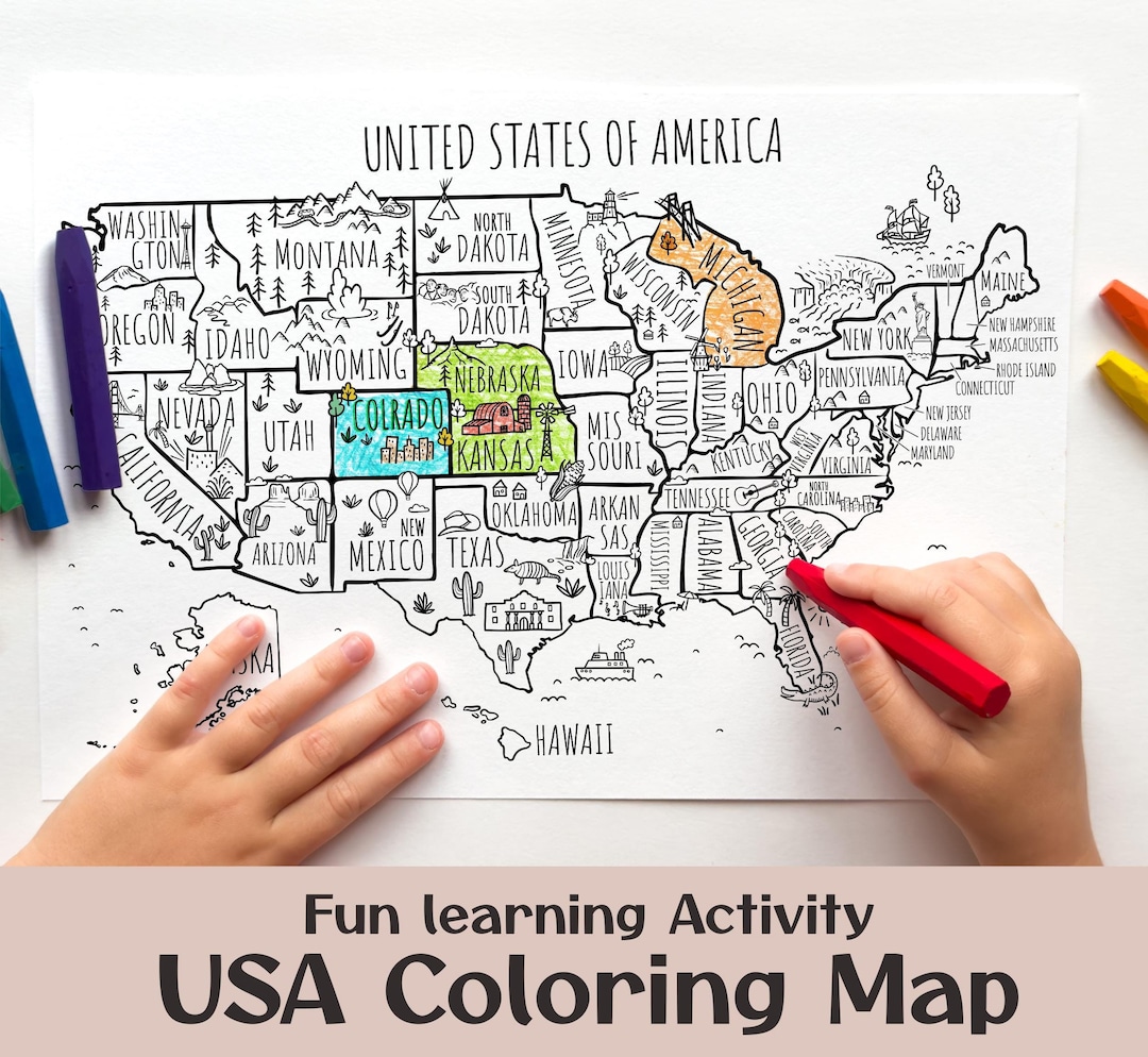 US States Map Coloring Page for Kids | Learn 50 States Geography ...