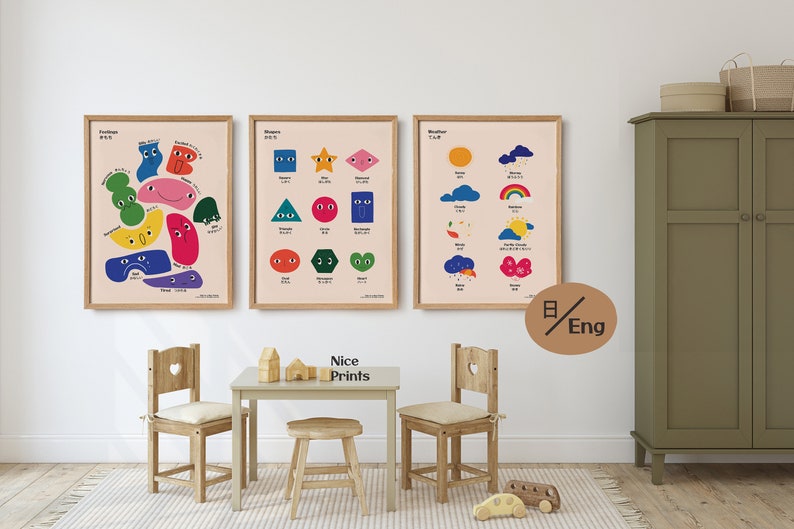 8 Pc Bilingual Japanese English Language Class, Nursery Poster, Emotion ...