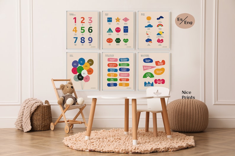 8 Pc Bilingual Spanish English Language Class, Nursery Poster, Numbers ...