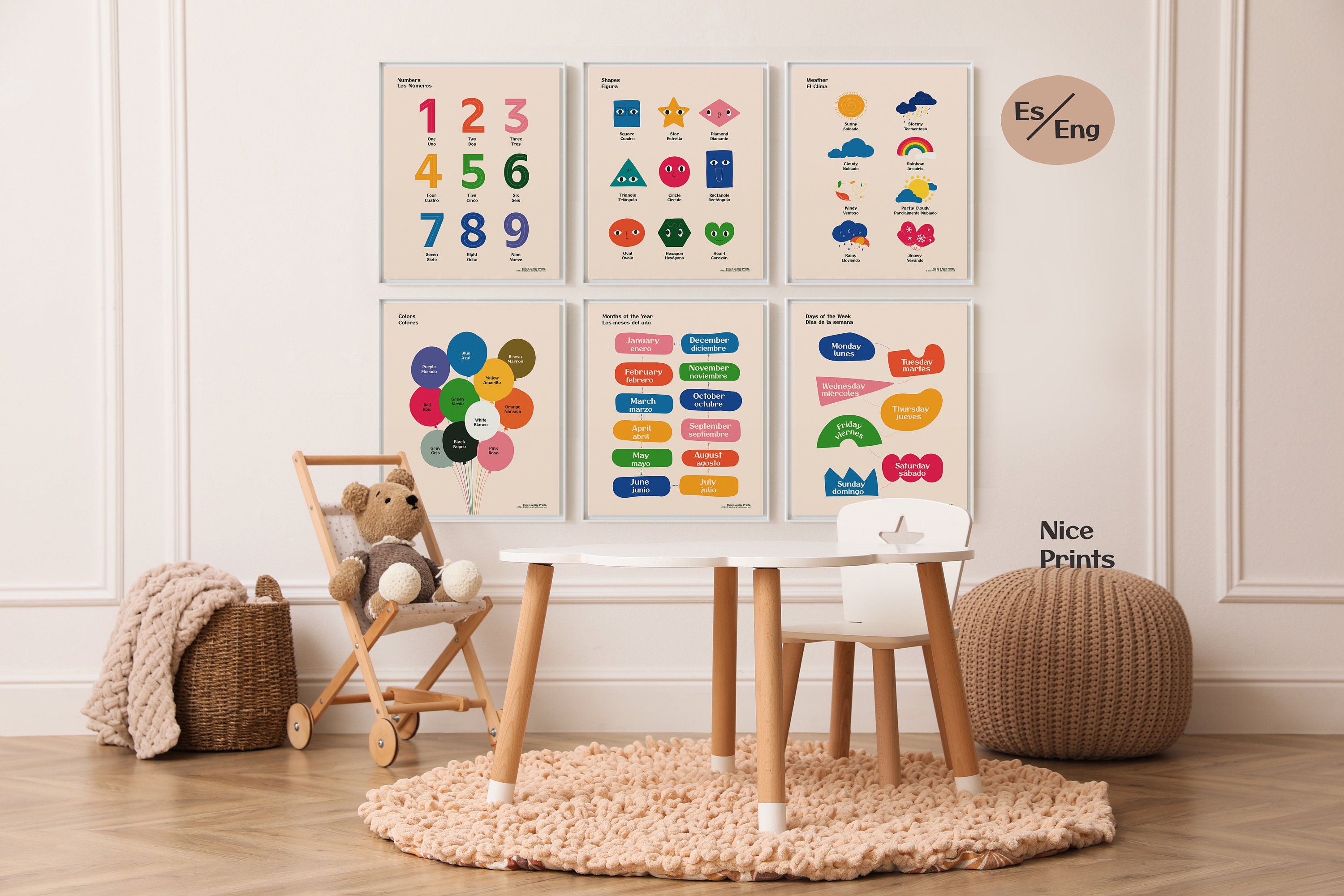 8 Pc Bilingual Spanish English Language Class, Nursery Poster, Numbers ...