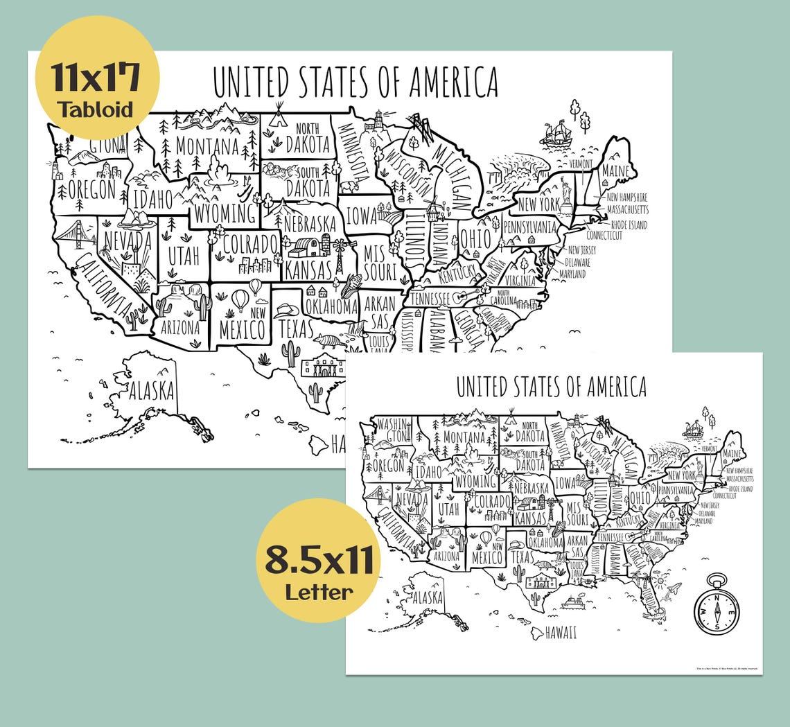 US States Map Coloring Page for Kids | Learn 50 States Geography ...