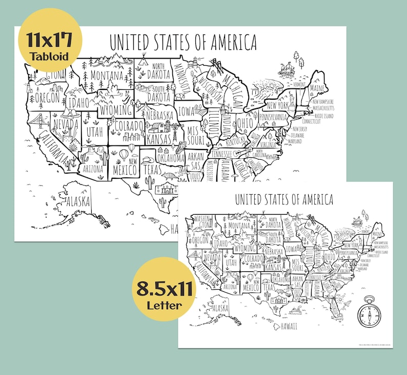 US States Map Coloring Page for Kids | Learn 50 States Geography ...