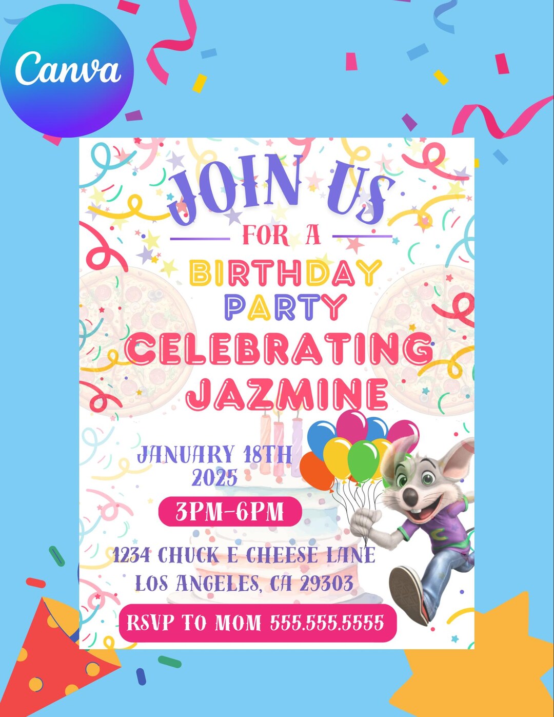 Editable Chuck E. Cheese Birthday Invitation Template | Instant ...