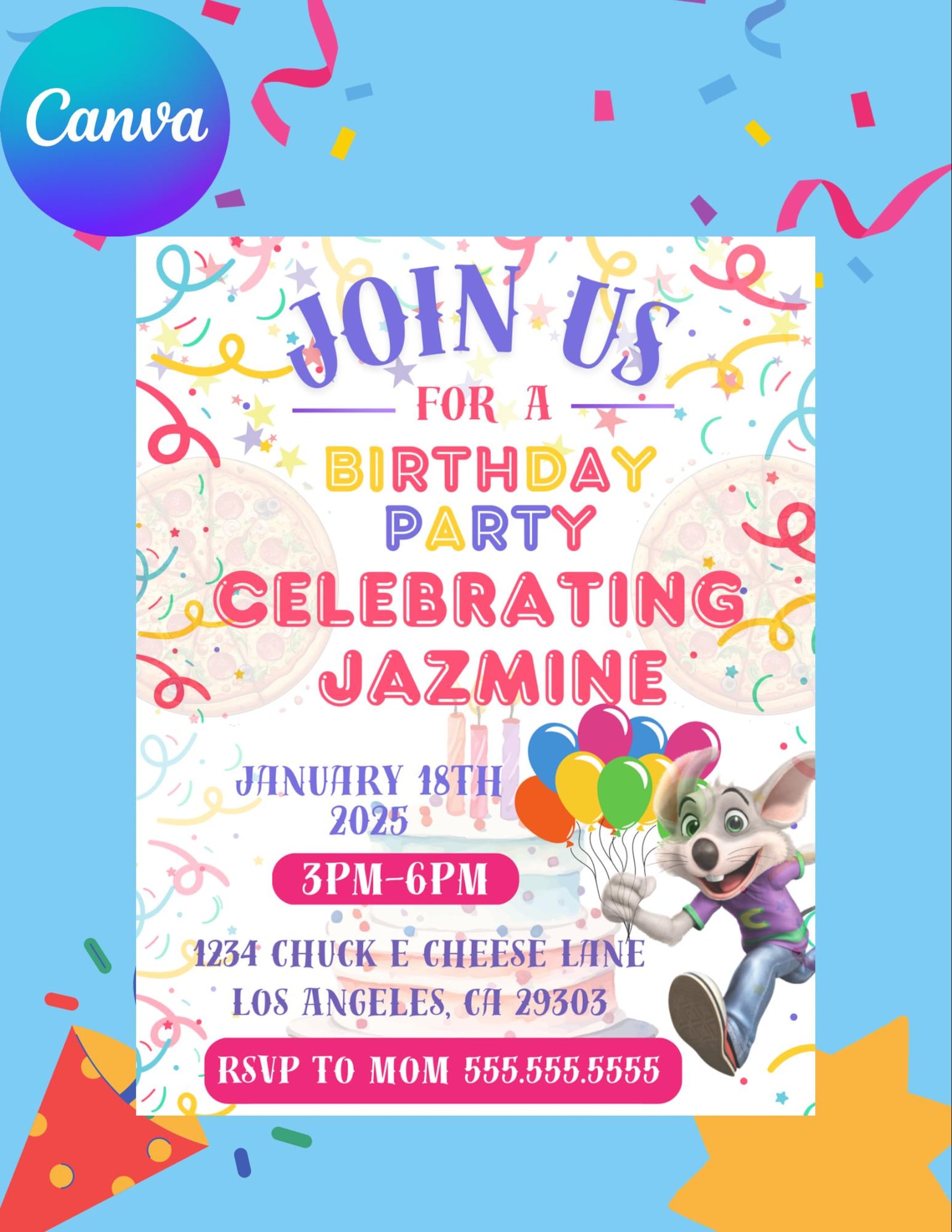 Editable Chuck E. Cheese Birthday Invitation Template | Instant ...