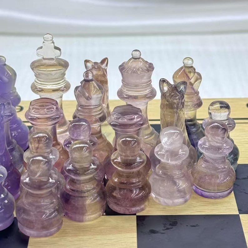 Fluorite Crystal Chess Set - Hand-carved Dual-tone Gemstone Board Game ...