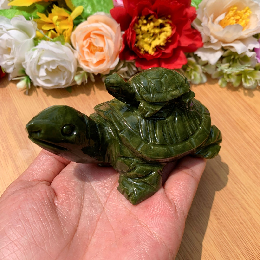 1pc Natural Green Jade Parent & Baby Turtle Quartz Carved Tortoise ...