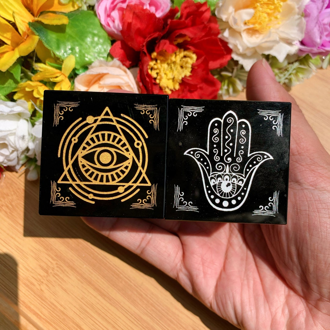 Handmade Black Obsidian Cube, Silver, Golden Engraved Etched Crystal ...