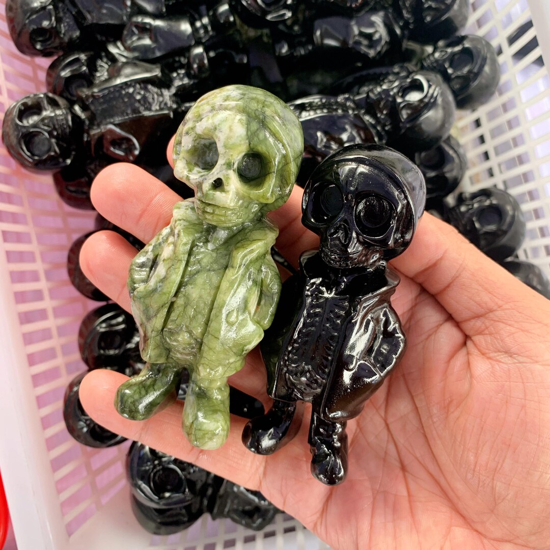 1PC Obsidian and Serpentine Skeleton Sculpture - Standing Crystal Bone ...