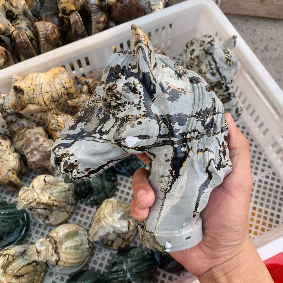 18 Cm Picture Jasper Horse Sculpture - Hand Carved From Landscape Stone ...