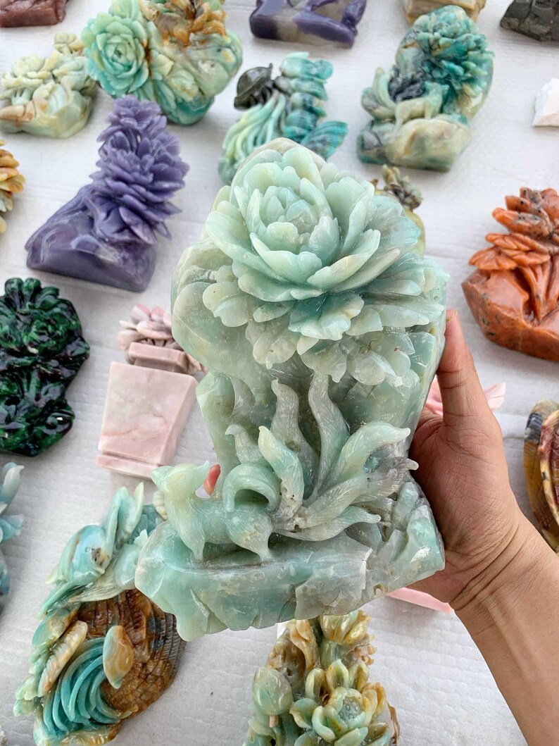 Amazonite Nine-tailed Fox With Flower - Hand Carved Crystal, Mythical ...