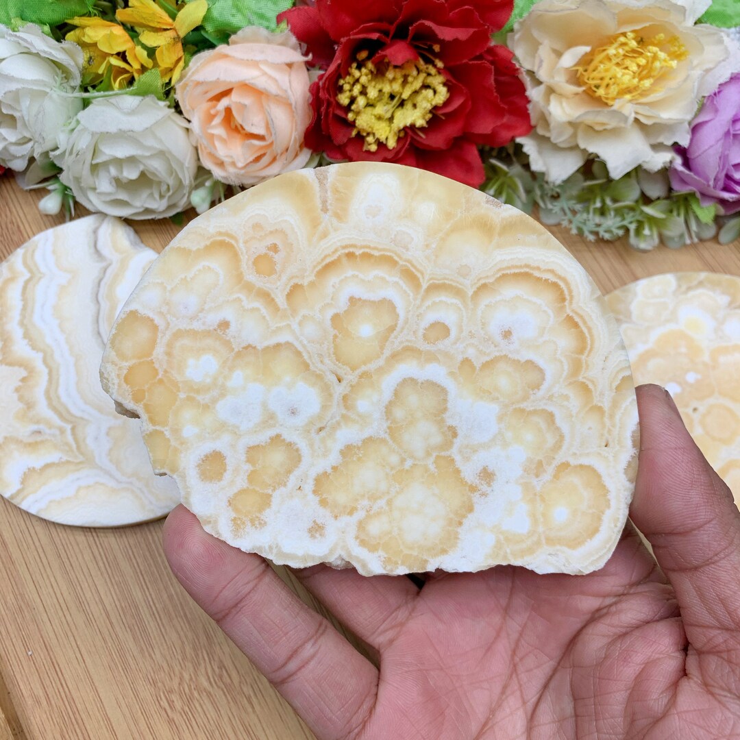 Yellow Calcite Polished Semicircle Slab With Free Stand- 4" Crystal ...
