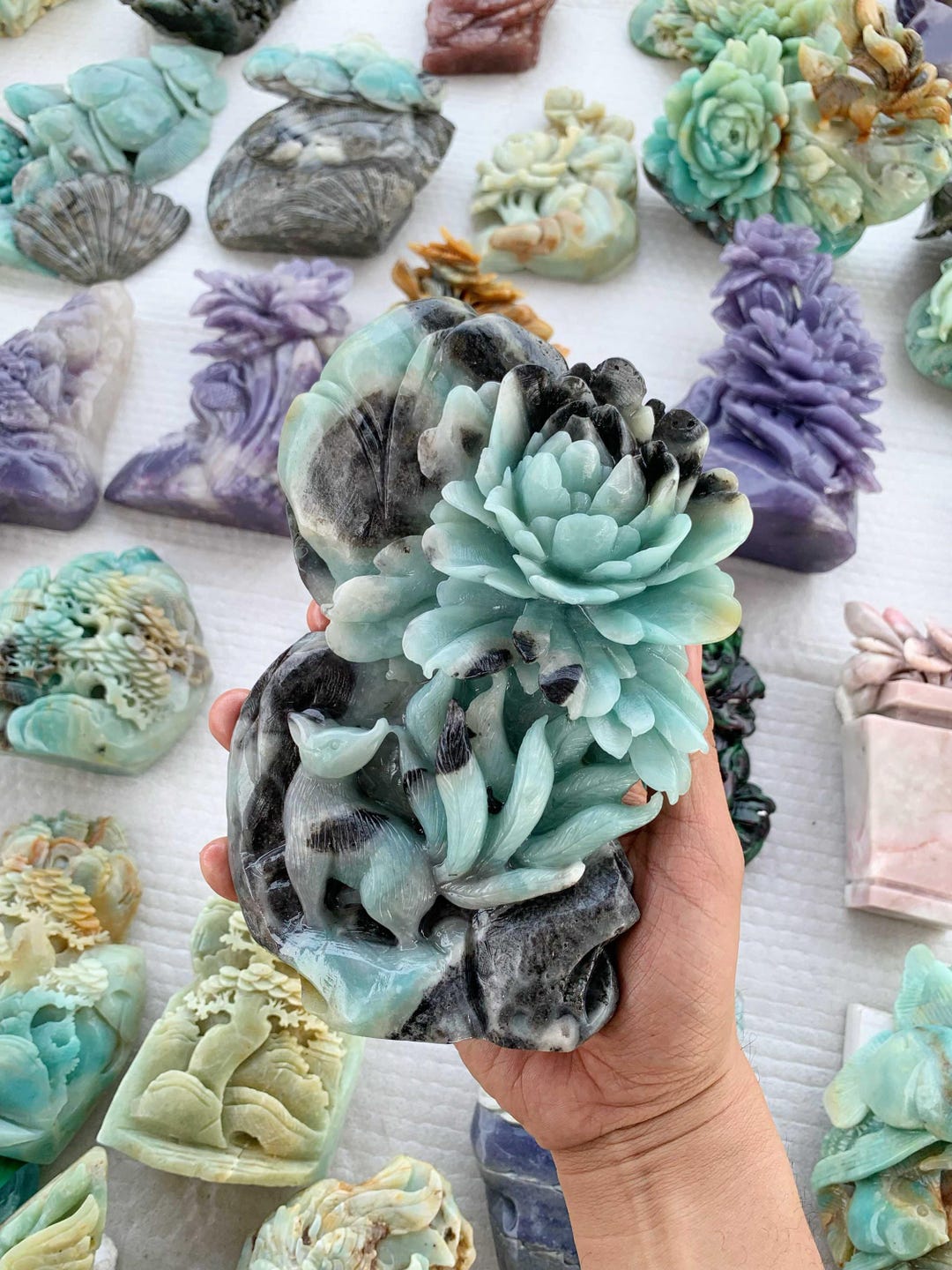 Amazonite Nine-tailed Fox With Flower - Hand Carved Crystal, Mythical ...