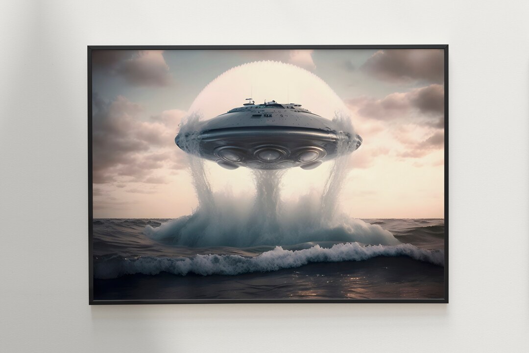 UFO Art Print, Digital Download, Ocean Landscape, Alien Spaceship, Wall ...