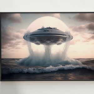 UFO Art Print, Digital Download, Ocean Landscape, Alien Spaceship, Wall ...