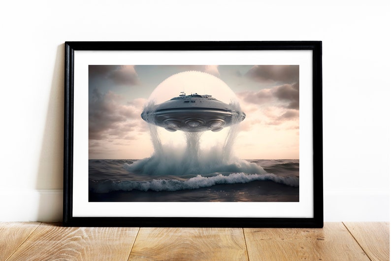 UFO Art Print, Digital Download, Ocean Landscape, Alien Spaceship, Wall ...