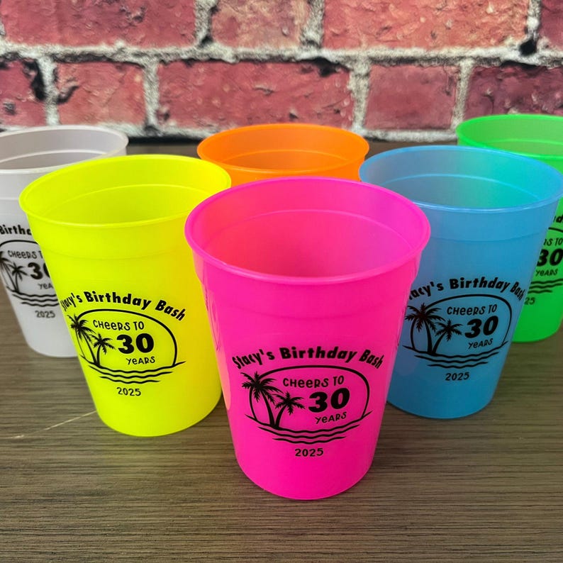 Custom 30th Birthday Party Cups: Tropical Neon Tumblers - Etsy