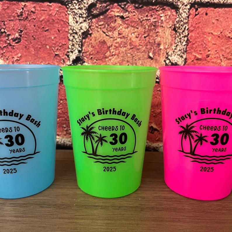 Custom 30th Birthday Party Cups: Tropical Neon Tumblers - Etsy
