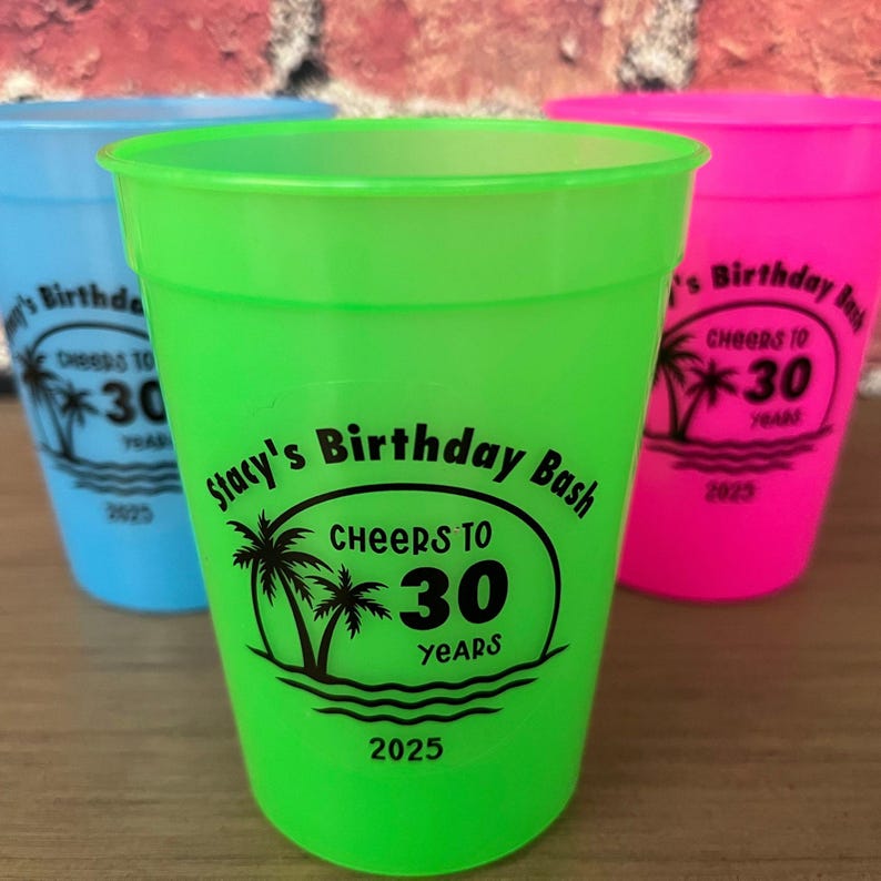 Custom 30th Birthday Party Cups: Tropical Neon Tumblers - Etsy