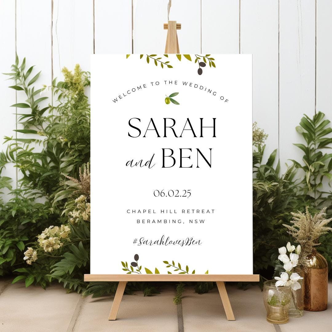 Wedding Welcome Sign Olive Branch Wedding Welcome Sign Personalised ...