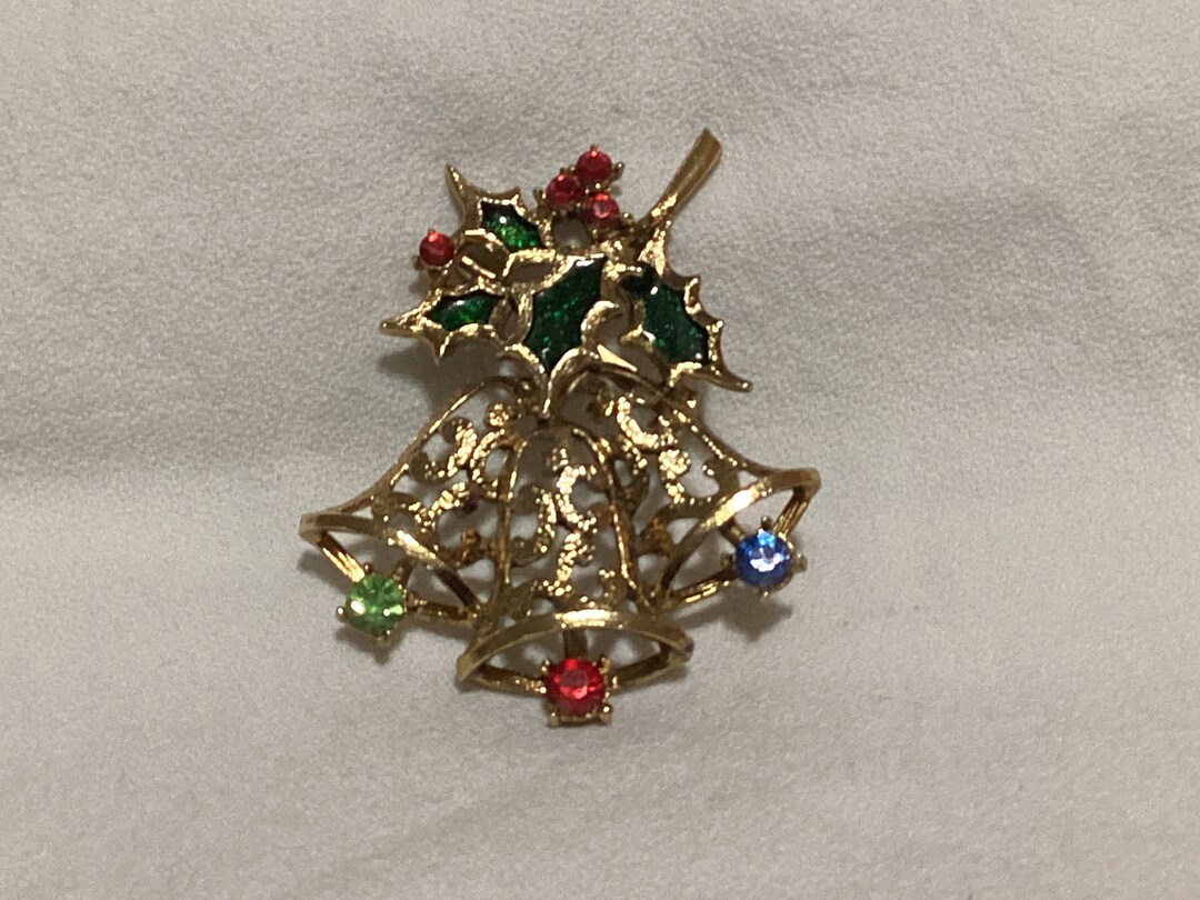 Signed Beatrix Christmas Pin / Brooch Bells Enameled Holly Berry ...