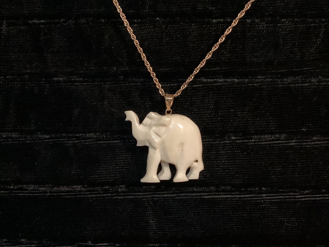 Vintage Large Carved Bone Elephant Pendant on 12k Gold Filled 27” Rope ...
