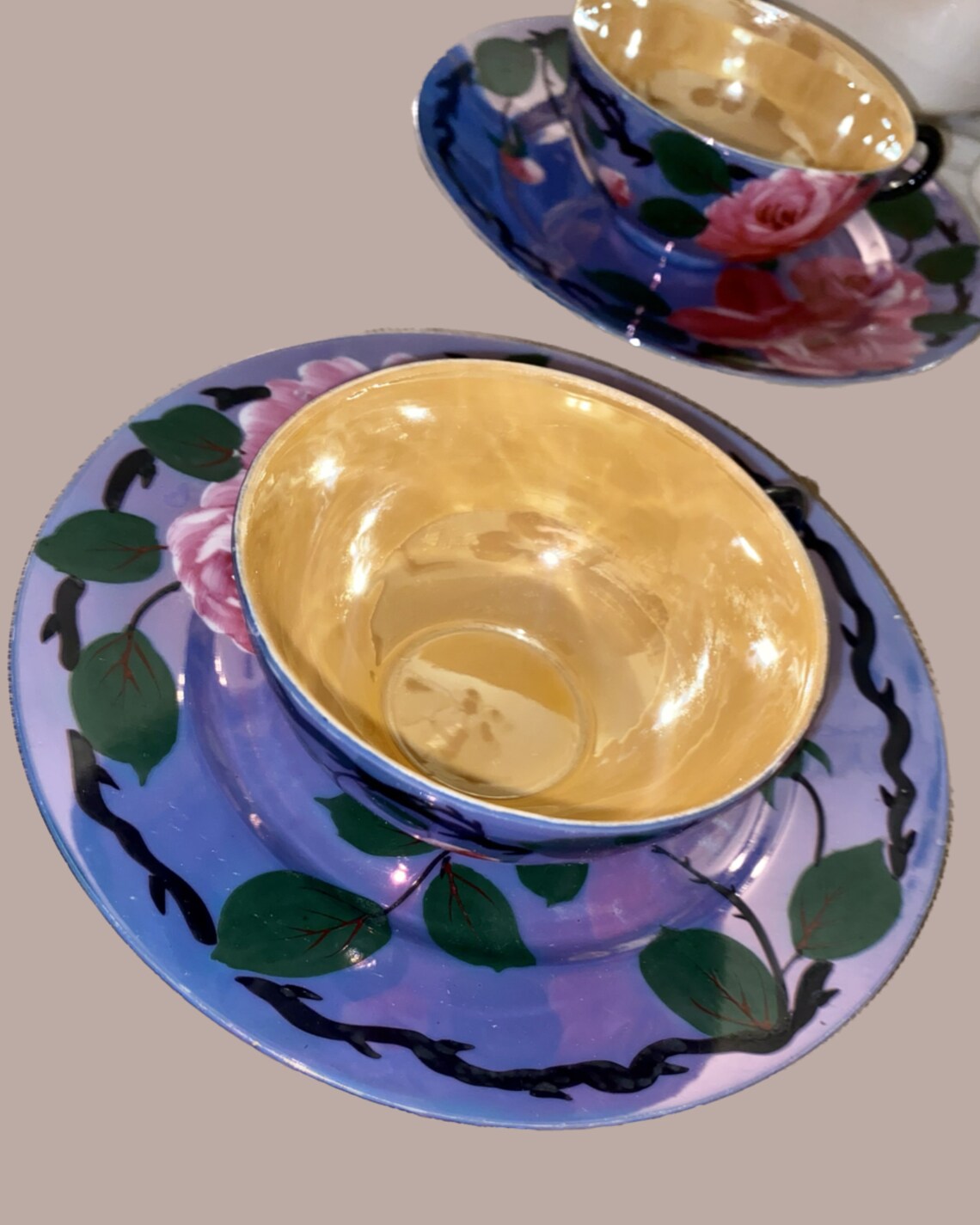 Vintage Japanese Floral Lusterware Tea Cup and Saucer Set - 2 Sets ...