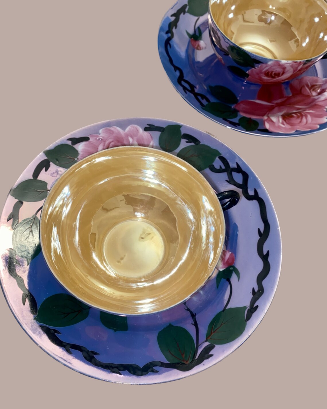 Vintage Japanese Floral Lusterware Tea Cup and Saucer Set - 2 Sets ...