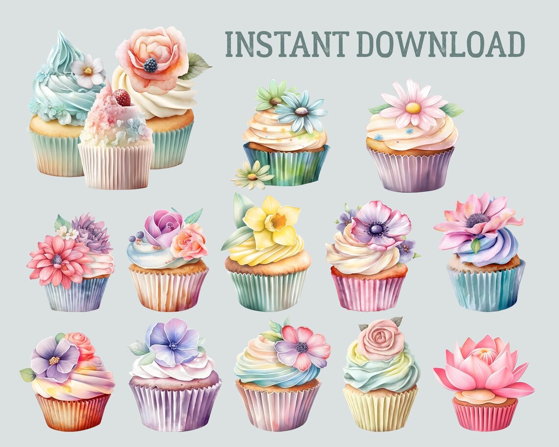 Watercolor Cupcake Clipart Png With Flower Bundle and Sweets - Etsy