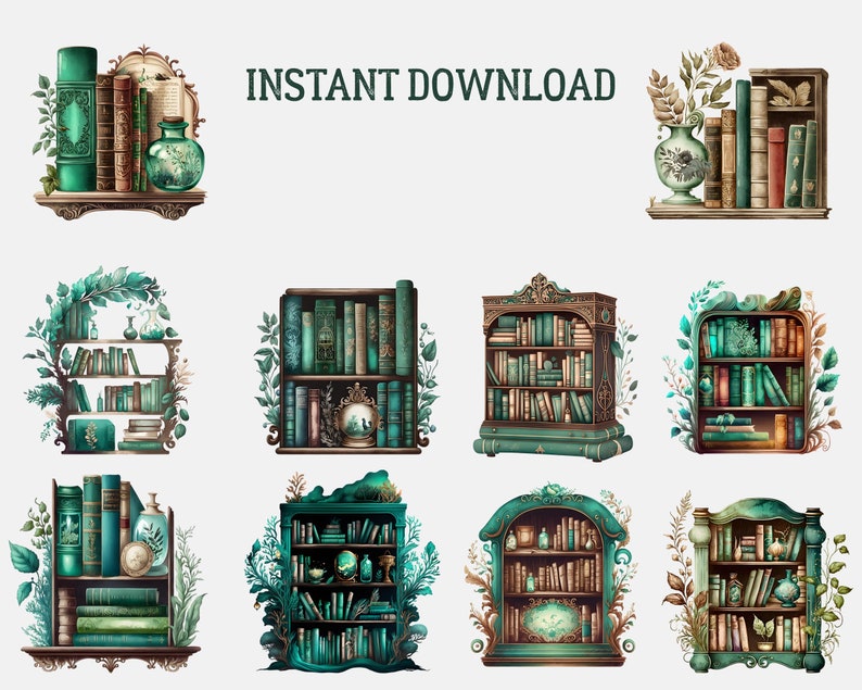 Watercolor Bookshelf Clipart Png Emerald Colors Vintage Books and ...