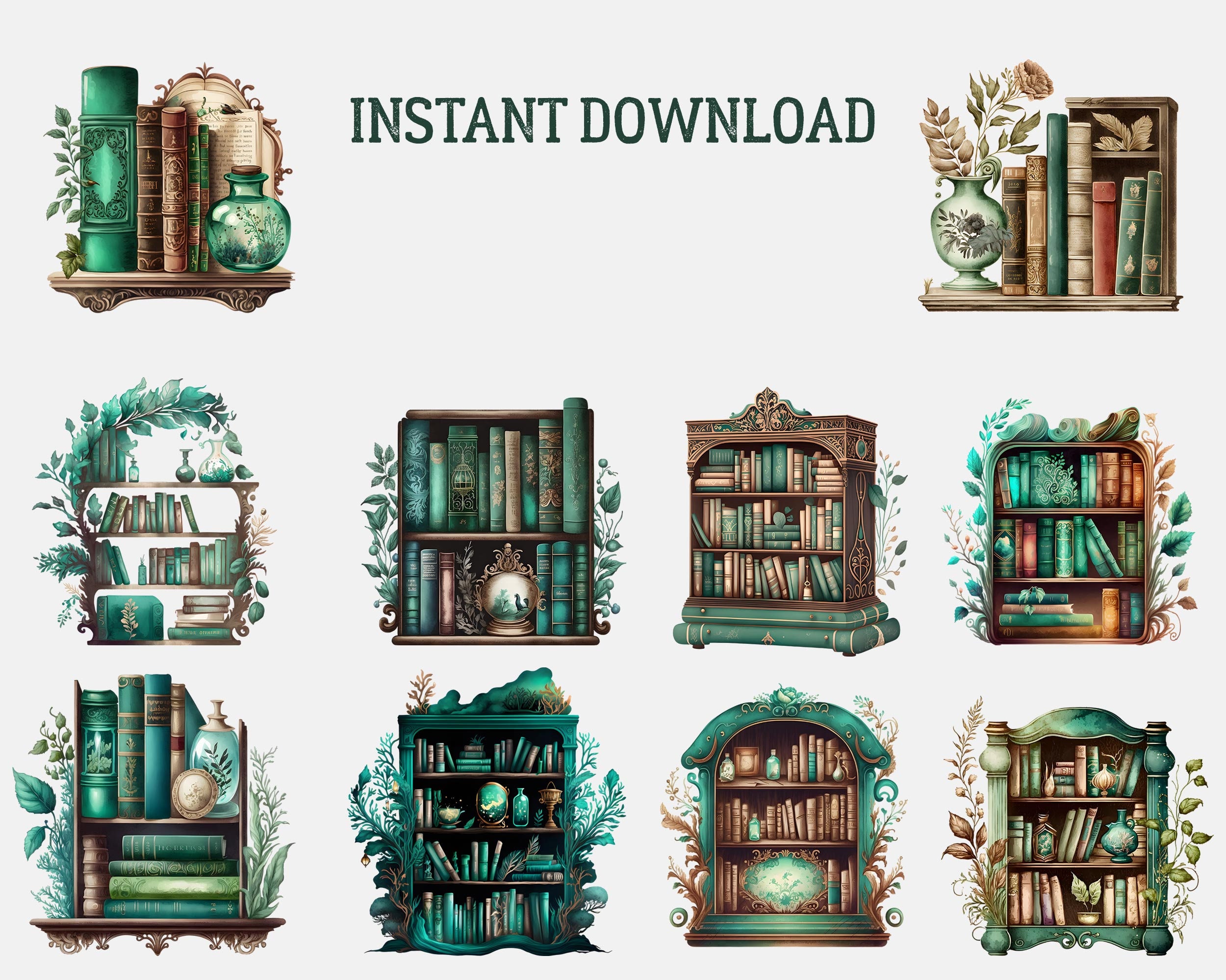 Watercolor Bookshelf Clipart Png Emerald Colors Vintage Books and ...