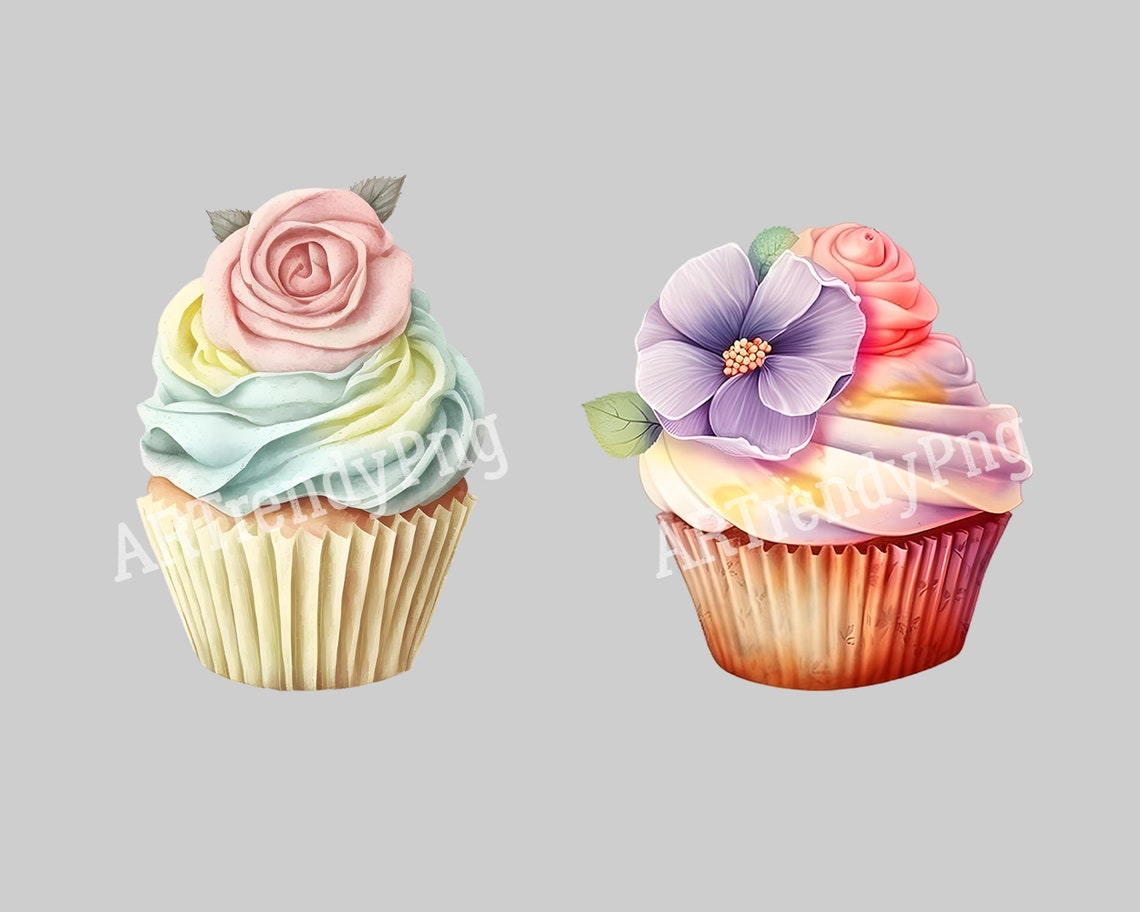 Watercolor Cupcake Clipart Png With Flower Bundle and Sweets - Etsy