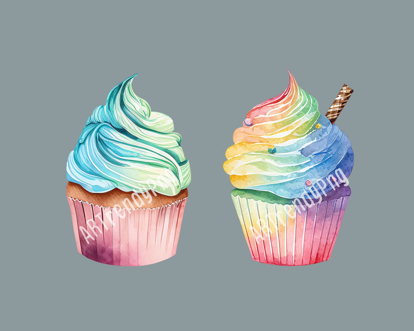Watercolor Rainbow Cupcake Clipart Png Bundle and Sweets, Dessert ...