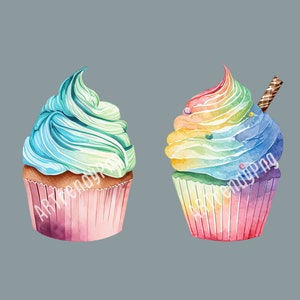 Watercolor Rainbow Cupcake Clipart Png Bundle and Sweets, Dessert ...